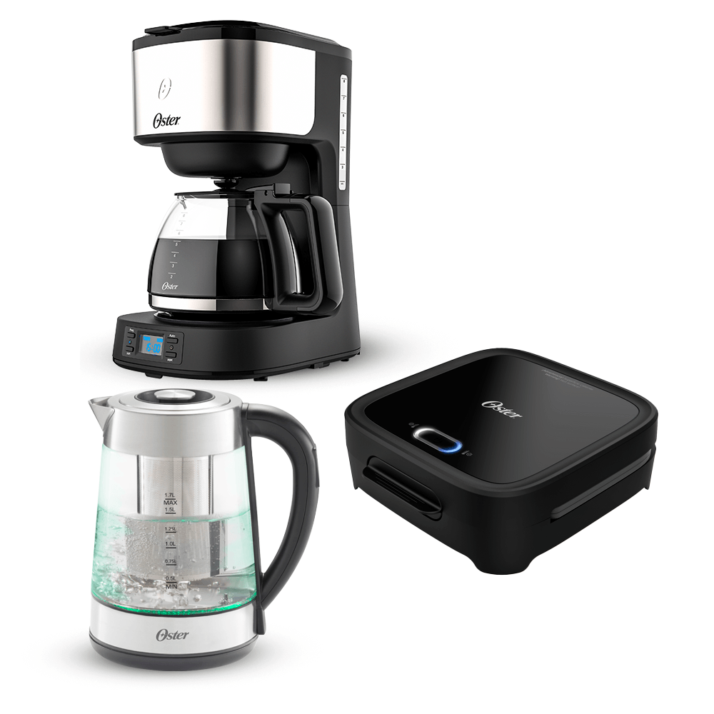 Kit Oster Cafetera 8 tazas programable, Sandwichera compacta y Hervidor ...